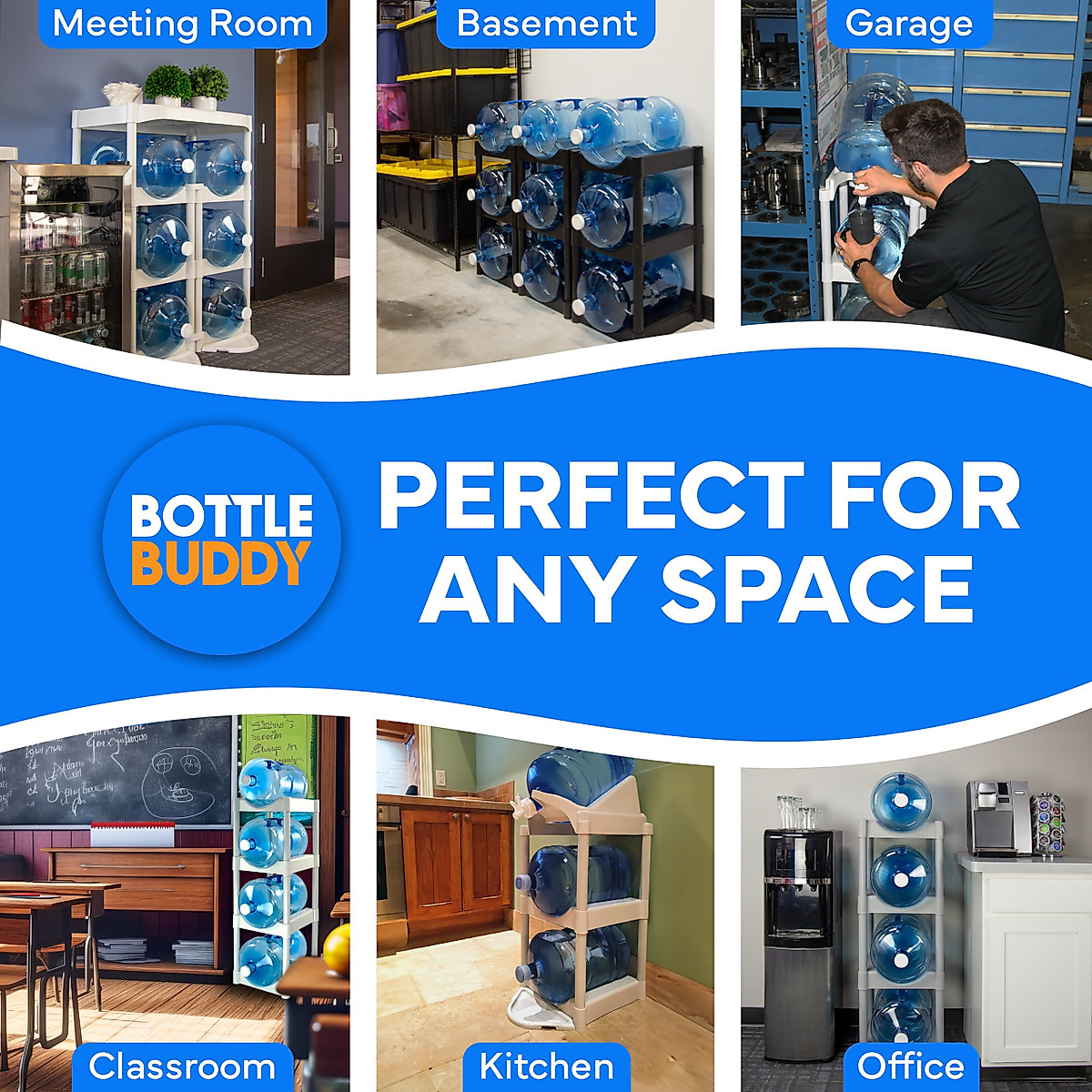 Bottle Buddy Water Bottle Storage Rack 6 Tray - Plastic Water Bottle Organizer for Three to Five Gallon Bottle Storage – Customizable Water Gallon Holder for Easy Storage and Organization