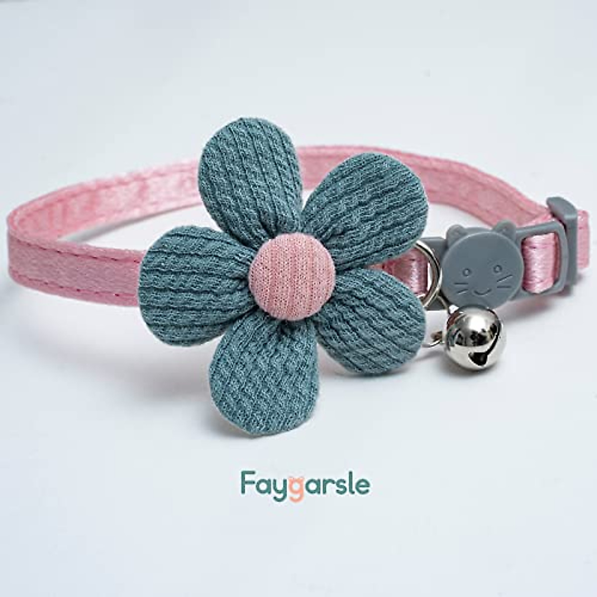 2 Pack Cotton Breakaway Cat Collars with Bell Cat Flower Collar for Female Girl Cats Male Boy Cats Pink&Gray