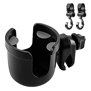 TOWOOZ Stroller Cup Holder, Bike Cup Holder 2-in-1 Universal Cup Holder with Phone Holder Easy to Install 360 ° Rotation Wheelchair Cup Holder, Stroller Accessories with Two Hooks