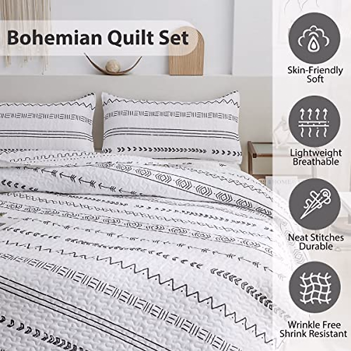 LUCKYBULL White Quilt Set Boho Bedspread King XL Size (104x96 in), 3 Pieces Bohemian Striped Reversible Lightweight Coverlet Quilt Set for All Season