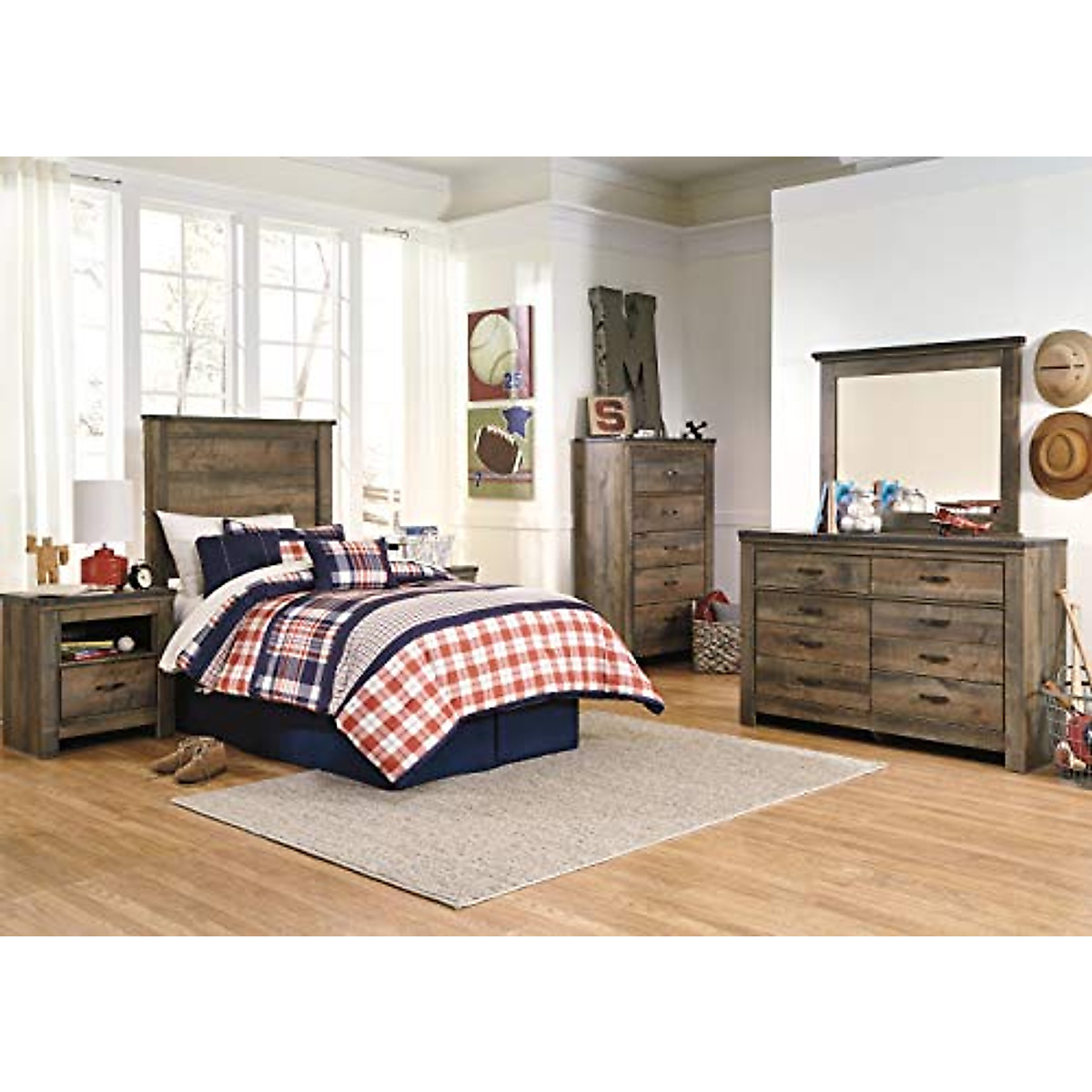 Signature Design by Ashley Trinell Rustic 5 Drawer Chest of Drawers with Nailhead Trim, Warm Brown