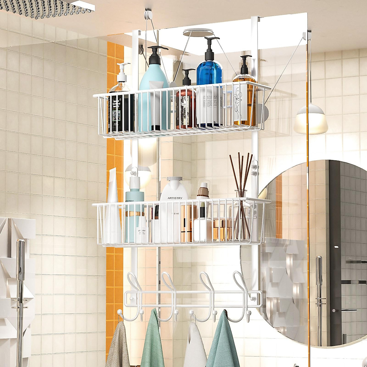 Over The Door Hooks Organizer,Door Hanger Door Storage with 2 Baskets,Over The Door Towel Rack Coat Hooks with 12 Hooks,for Bathroom,Bedroom,Kitchen,Office,Apartment(White)