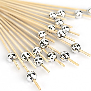 DecorWoo 100 Pcs Cocktail Picks, Disco Ball Decorative Toothpicks for Appetizers, Silver Cocktail Skewers for Appetizers, Wooden Long Cocktail Picks Disco Theme for Party Supplies (4.7 Inch, Silver)