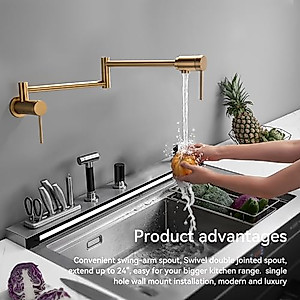 MR. FAUCET Wall Mount Kitchen Pot Filler Faucet 360° Swivel Folding Swing Arm Built-in Bearing Joint Technology, for Kitchen Stove, Coffee Station, bar Filler&Water Station(Brushed Brass Gold)