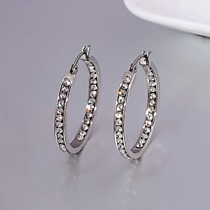 CiNily Silver Plated Stainless Steel Hoop Earrings Cubic Zirconia Earrings for Women Sensitive Ears 30 mm