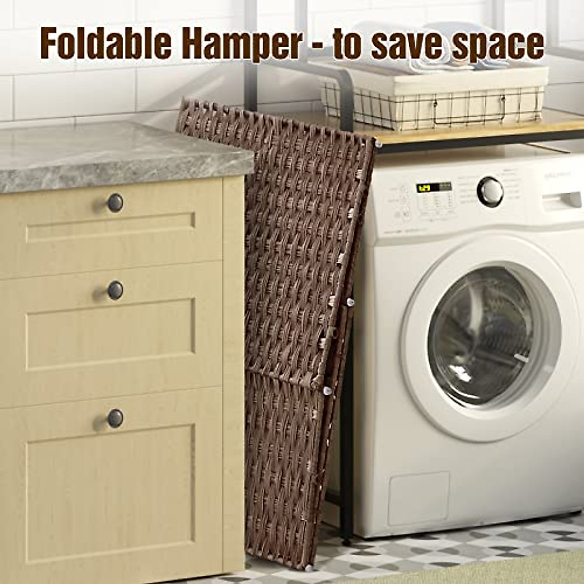 Greenstell Laundry Hamper No Install Needed, Divided Clothes Hamper with 2 Removable Liner Bags, 90L Handwovn Synthetic Rattan Laundry Basket with Lid and Handles, Foldable Brown 17.5x12.5x25.5Inches