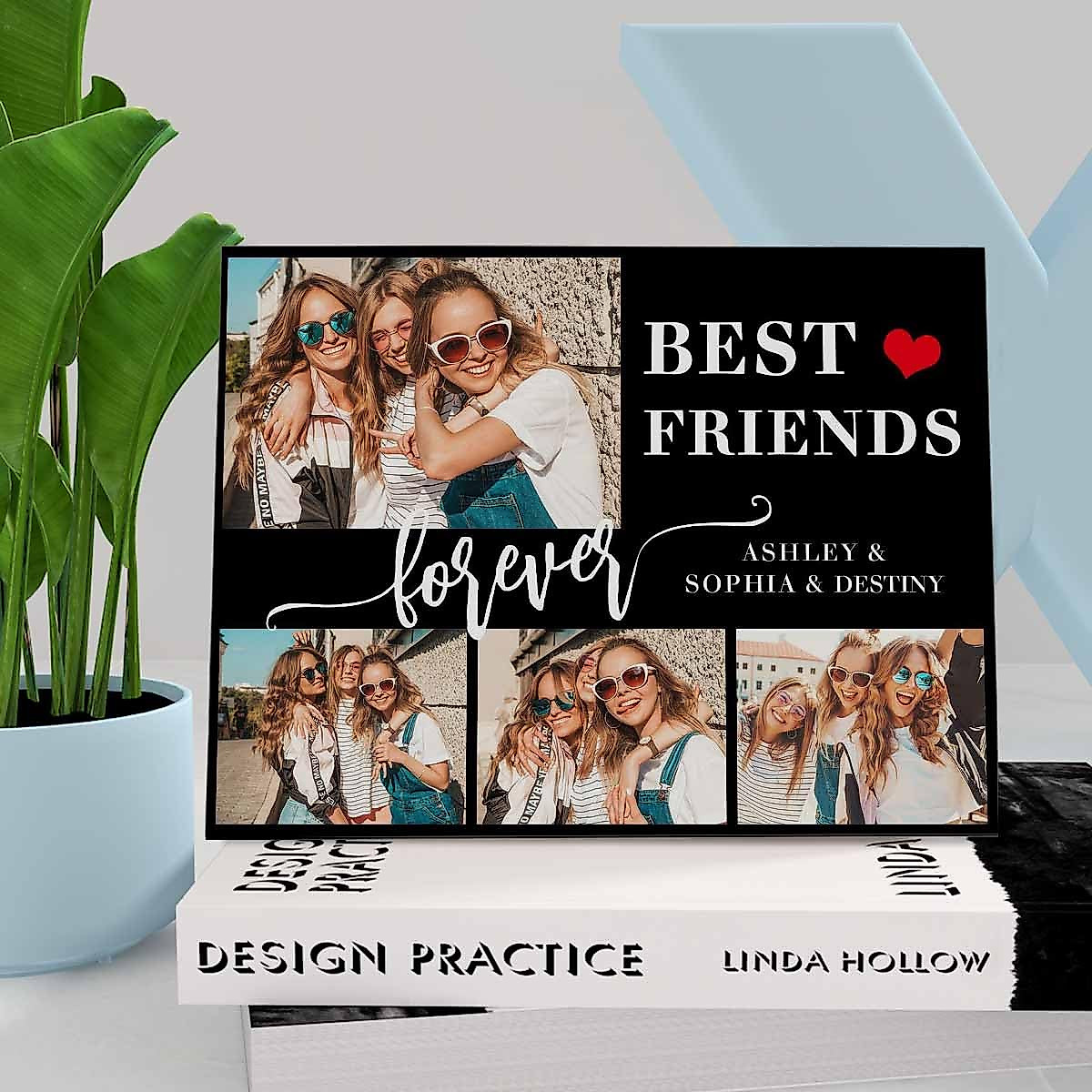 Personalized Sister Photos Collages Prints Photo Name for Wall Art Decoration Customized 4 Pictures,Red Heart Pattern Custom Photo Collage Frame for Women Sister Friend