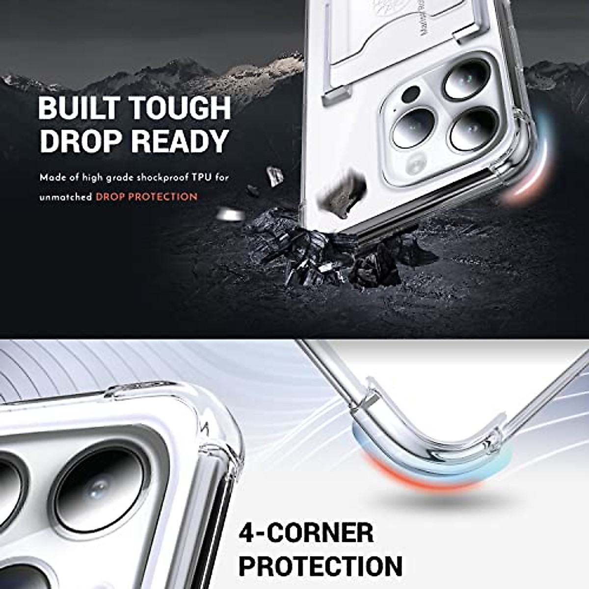 Shields Up Designed for iPhone 14 Pro Max Case with Card Holder (3 Cards), iPhone 14 Pro Max Case Wallet with Stand, Slim Protective Shockproof Transparent Cover for iPhone 14 Pro Max 6.7 inch, Clear