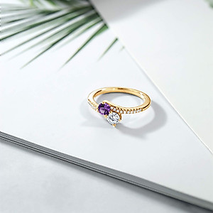 18K Yellow Gold Plated Silver Amethyst White Moissanite from Charles & Colvard and Zirconia Bypass Ring For Women (0.72 Cttw, Gemstone February Birthstone, Round 4MM, Available In Size 5, 6, 7, 8, 9)