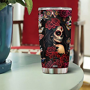 WONWIX Sugar Skull Gifts for Women Insulated 20oz Stainless Steel Coffee Cup Travel Mug Water Bottle Tumbler With Lid Thermos Tattoo Girls Wife Daughter Mom