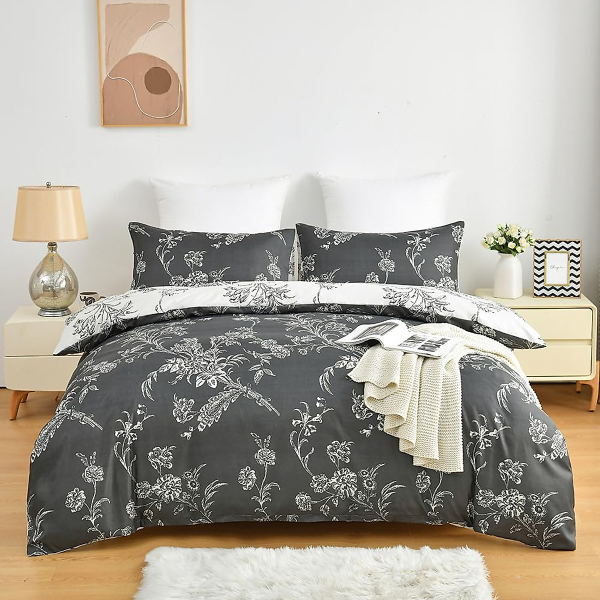 La Sheer Black Floral Duvet Cover King Size Garden Style Flower Microfiber Bedding Set with Zipper Smooth Soft Comforter Cover with 2 Pillow Shams(102x90 inches, 3 Pieces)