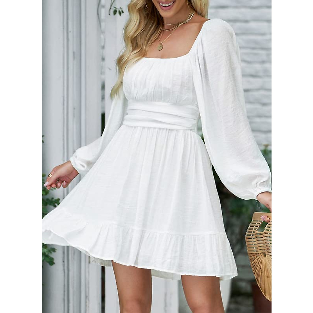 Dokotoo Square Neck Summer Dress for Women 2025 Tie Back Elastic Waist Lantern Long Sleeve Dress Ruffle A-Line White Dress Casual Sexy Mini Dress Beach Vacation Clothes Small White