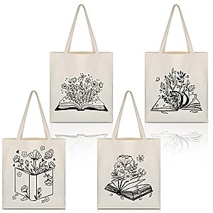Oudain 4 Pcs Cat Tote Bag for Women Floral Book Space Mushroom Canvas Tote Bag Bulk Cute Aesthetic Library Shoulder Tote Bag (Floral)