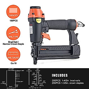 DOTOOL 18 Gauge Pneumatic Brad Nailer 2-in-1 Nail Accepts 5/8 to 2 Inch Brad Nails and 5/8 to 1-5/8 Inch Crown Staples Tool-Free Air-powered Nail Gun Safety Glasses for Carpentry Uphostery Woodworking