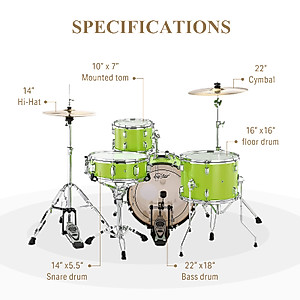 Eastar 4 Drum 2 Cymbal Drum Set for Adults, 18'' Complete Drum Kit for Intermediate Drum Play, Green (EDS-540GN)