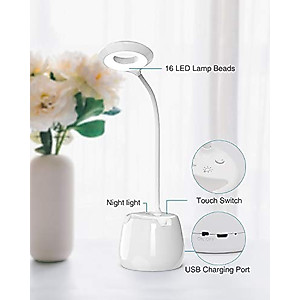 kolpop Desk Lamps for Home Office, Rechargeable Led Desk Lamp with USB Charging Port & Pen Phone Holder 3 Dimming Levels & Night Light Mode 360° Flexible Goose Neck LED Desk Light Desk Lamps for Kids
