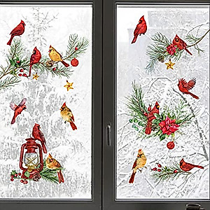 Mfault Winter Cardinals Window Clings 9 Sheets, Christmas Red Birds Glass Stickers Decal Poinsettia Pine Cone Bedroom Decorations, Xmas Kerosene Lamp Tree Branches Home Kitchen Living Room Decor