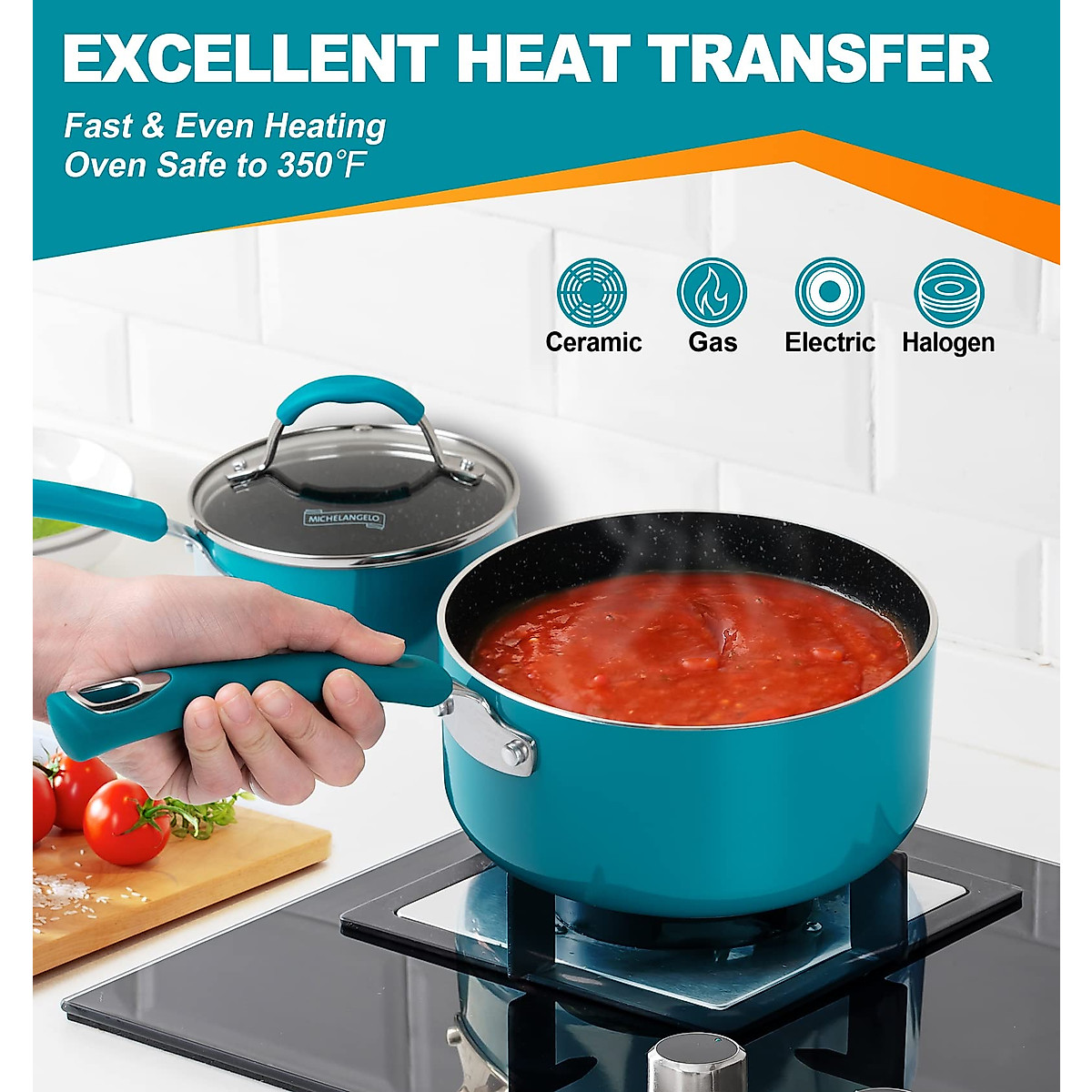 MICHELANGELO Sauce Pan Sets, 1 Qt and 2 Qt Saucepans with Lids, Enameled Sauce Pan with lid, Small Pot with Lid, Non-Stick Saucepan Set, Sauce Pot with Silicone Handle, Oven Safe, Red