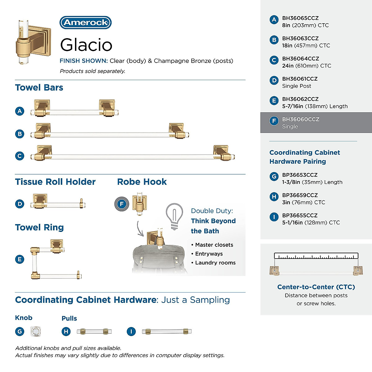 Amerock BH36060CCZ | Clear/Champagne Bronze Single Robe Hook | 2-15/16 in. (75 mm) Length Towel Holder | Glacio | Towel Hook for Bathroom | Bathroom Hardware | Bath Accessories