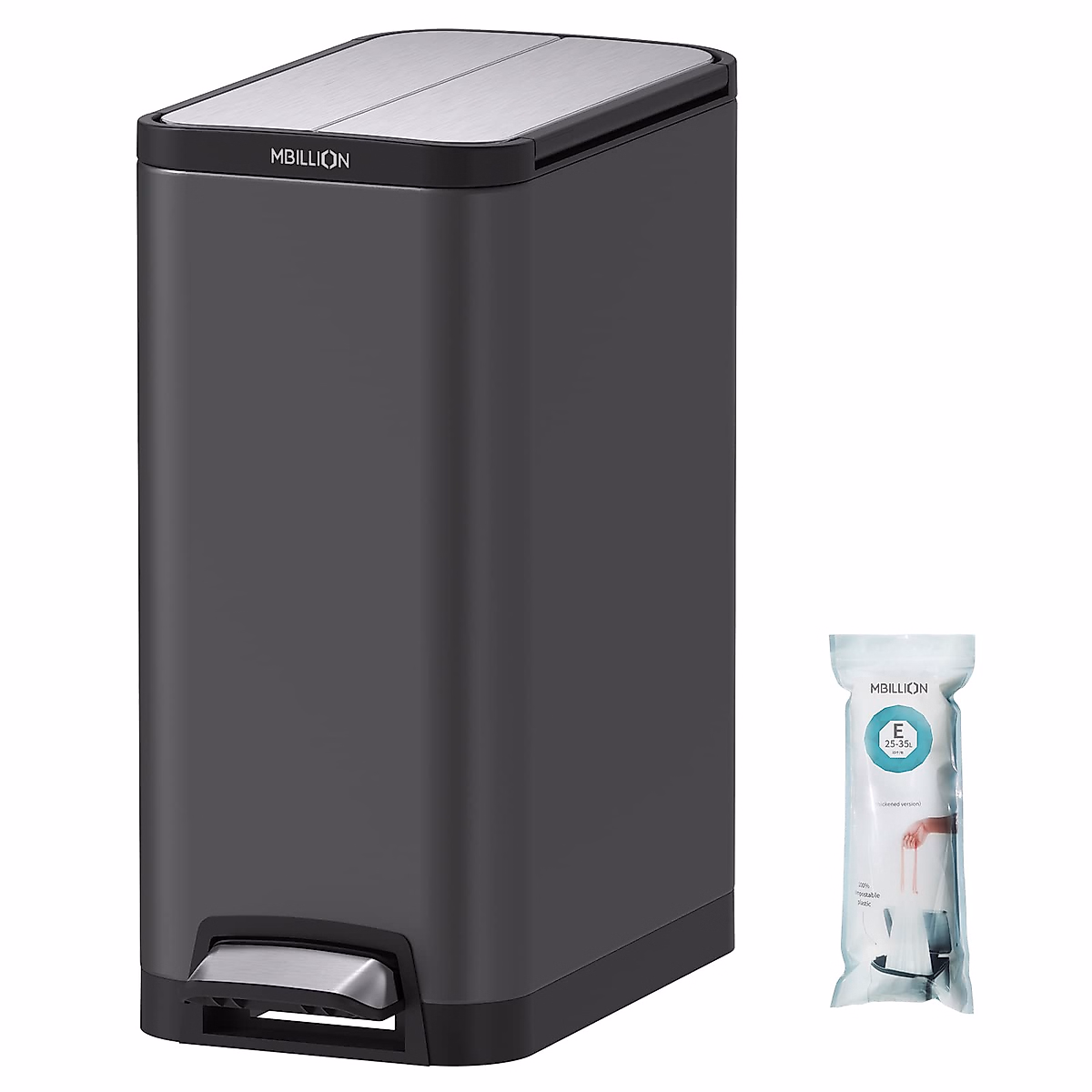 Mbillion Step Trash Can with Liner 35 Liter/9.3 Gallon Butterfly Lid Open Silent Close Rectangular Stainless Steel Step-On Kitchen Garbage Can with Strong Pedal, for Home and Office, Dark Grey