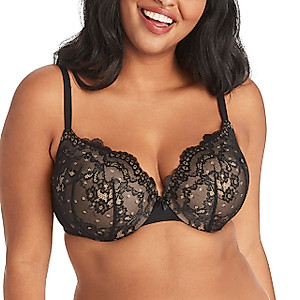 Maidenform Underwire Demi Bra, Best Push-Up Bra with Wonderbra Technology, Smoothing Lace-Trim Bra with Push-Up Cups, Black/Body Beige Lace, 34B
