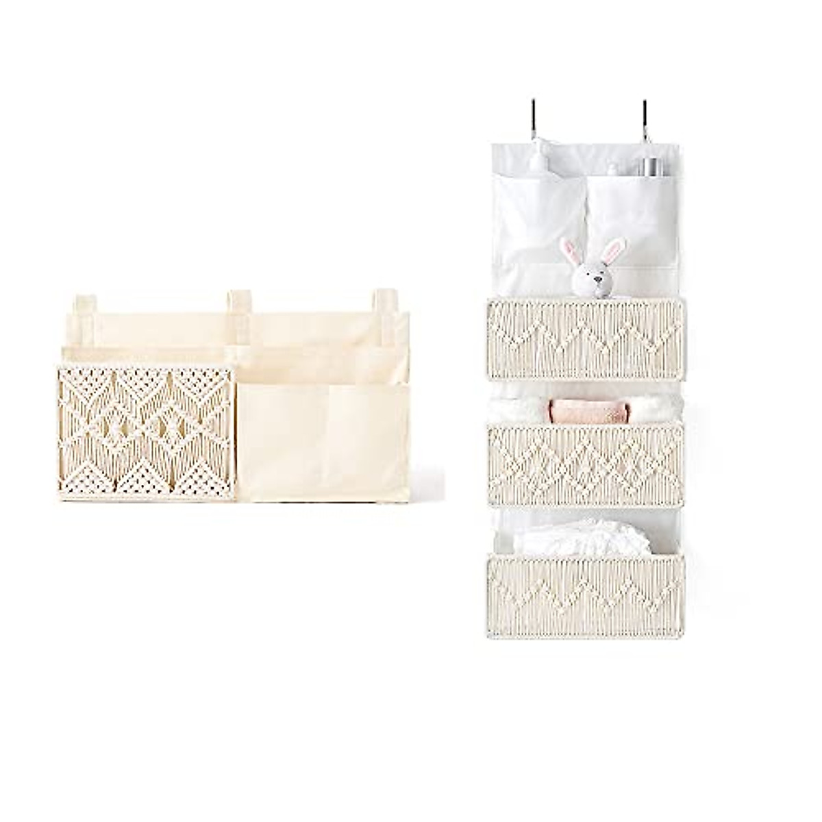 Mkono Macrame Bedside Caddy and Over The Door Organizer Boho Decor Storage for Nursery, Bedroom, Closet, Bathroom, Dorm, Set of 2