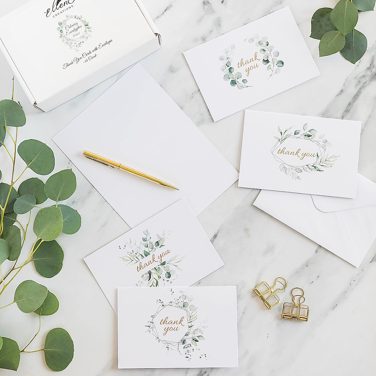 Ellen J Creations Floral Eucalyptus Wedding Thank You Cards, Pack of 48, 4x6, Blank, Smudge-Free, Heavyweight Cardstock, Gold Foil, Envelopes