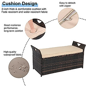 FurniSdoo PE Rattan Outdoor Storage Bench, Wicker Deck Storage Box with Comfy Beige Seat Cushion, Perfect for Patio Porch Garden Balcony Yard Garden Tools Pool Toys, 33 Gallon Brown