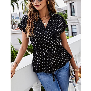 Womens Button Down Blouses Casual Peplum Summer Tops Dressy Chiffon Work Blouse Polka Dot Black Large