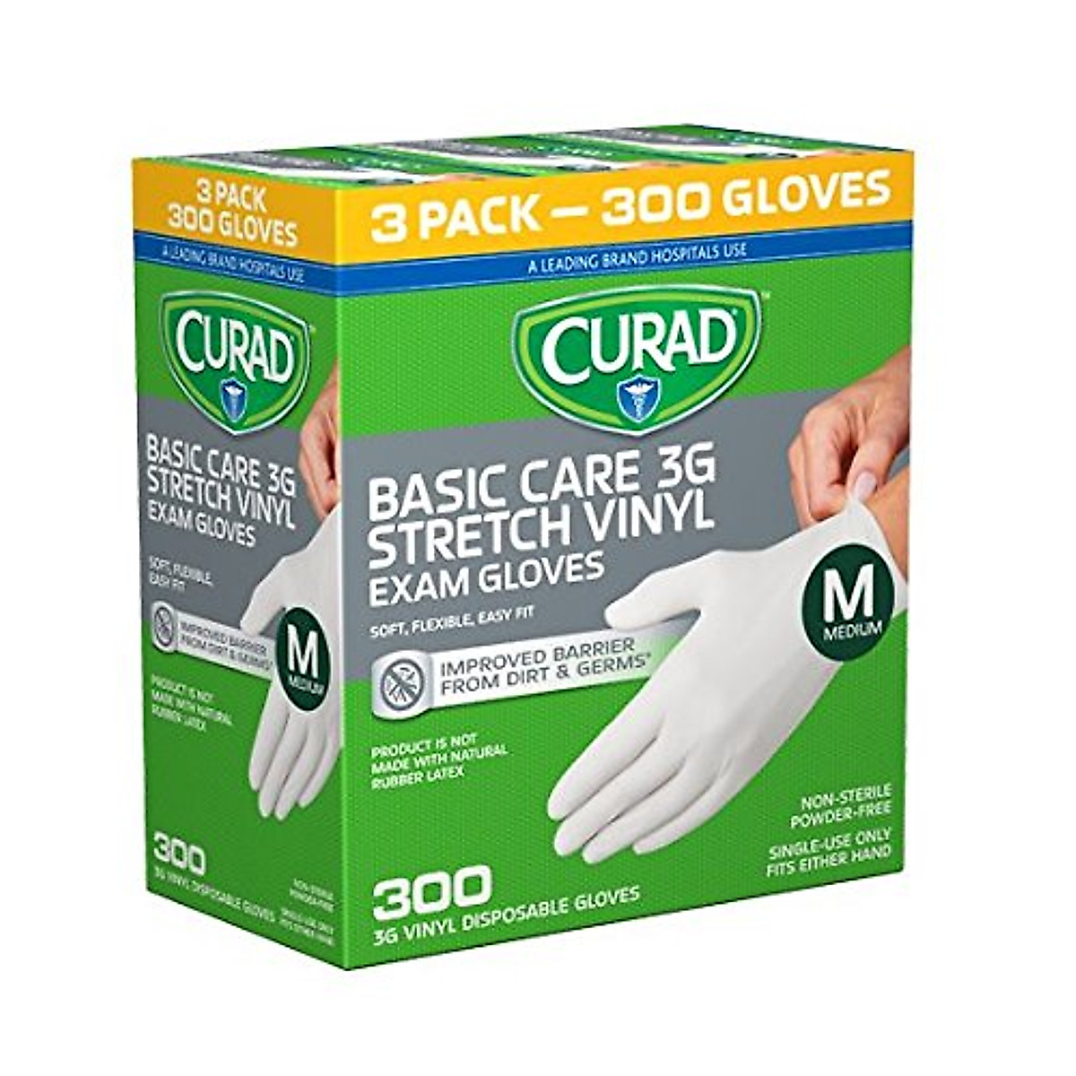 Curad Basic Care 3G Stretch Vinyl Exam Gloves, Powder Free, Medium, 100 Count (Pack of 3)
