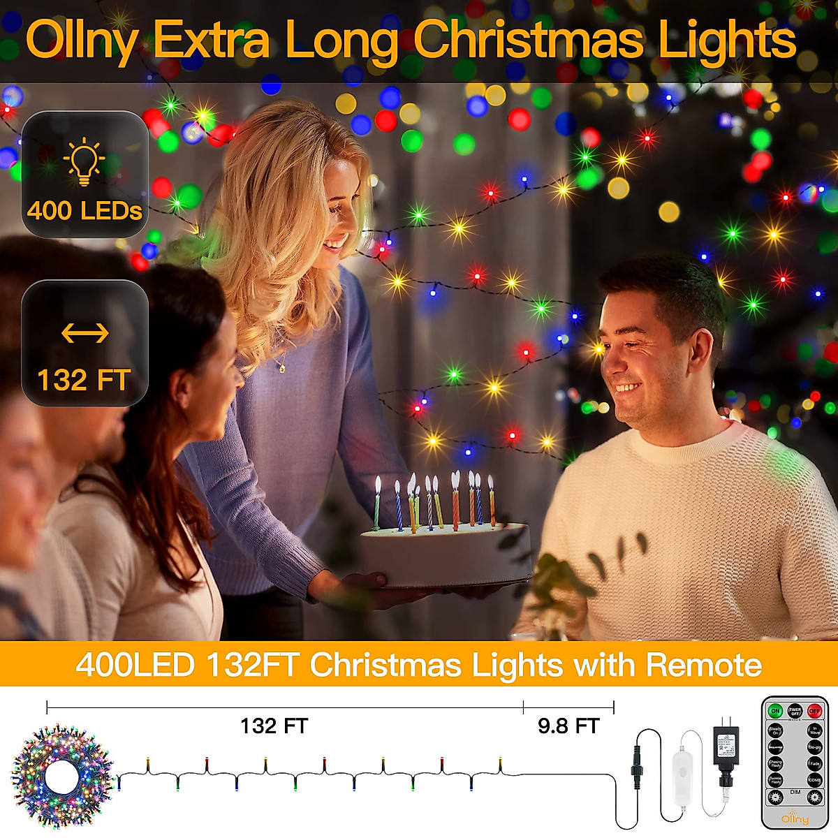 Ollny Christmas Lights 400LED 132FT, Plug-in Outside Tree Lights with Timer and 8 Modes, Remote Control Waterproof Dimmable Outdoor String Lights for House Yard Patio Xmas Decorations (Multicolored)