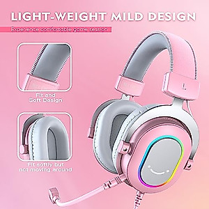 FIFINE PC Gaming Headset, USB Wired Headset with Microphone, 7.1 Surround Sound, in-Line Control, Computer RGB Over-Ear Headphones for PS4/PS5, for Streaming/Game Voice/Video-AmpliGame H6 (Pink)