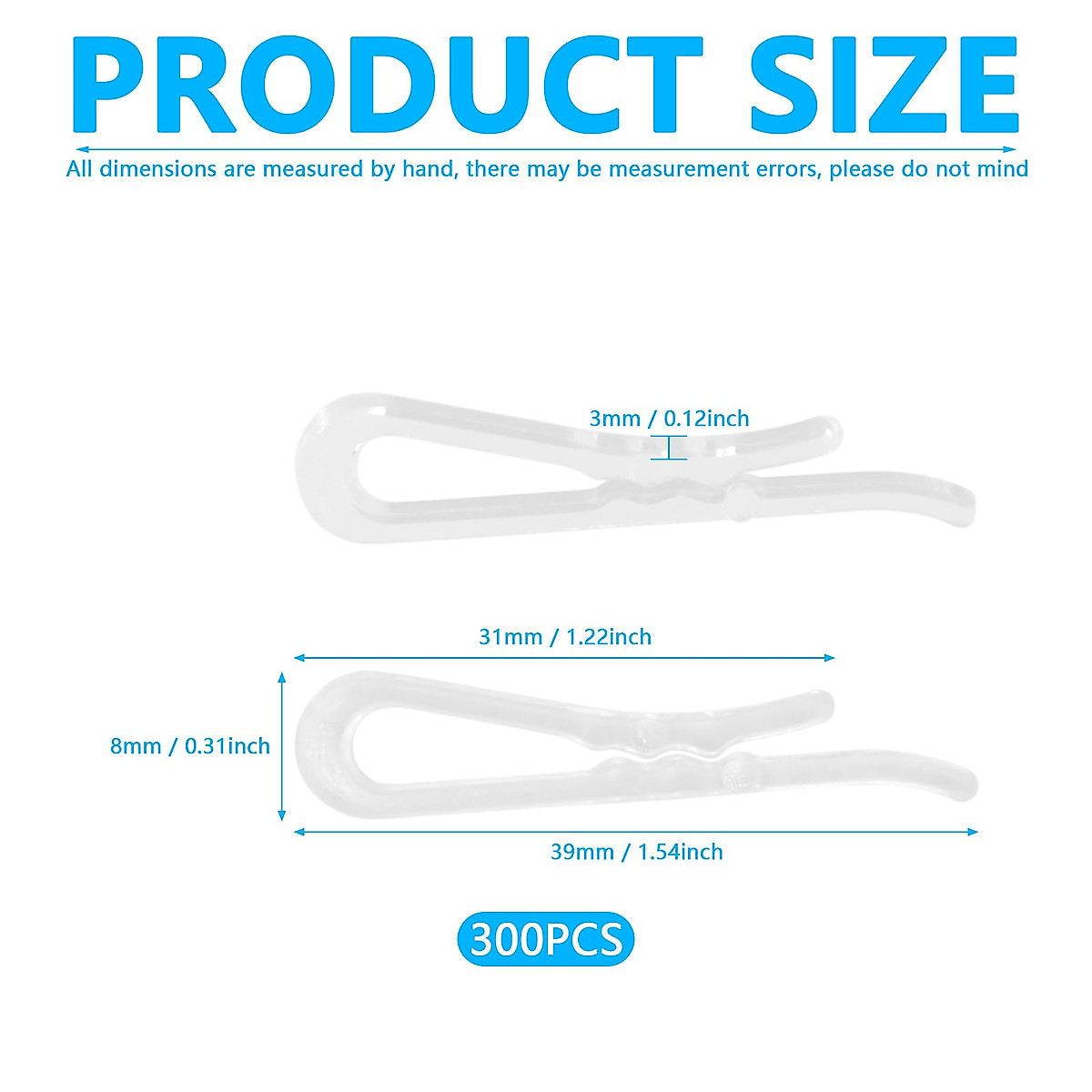 SHRJ 300Pcs Plastic Alligator Clip U Shape Clothespins Transparent Shirt Fixing for Ties Socks Pants Skirts, Hold Garments in Place, 1.5inch/38mm