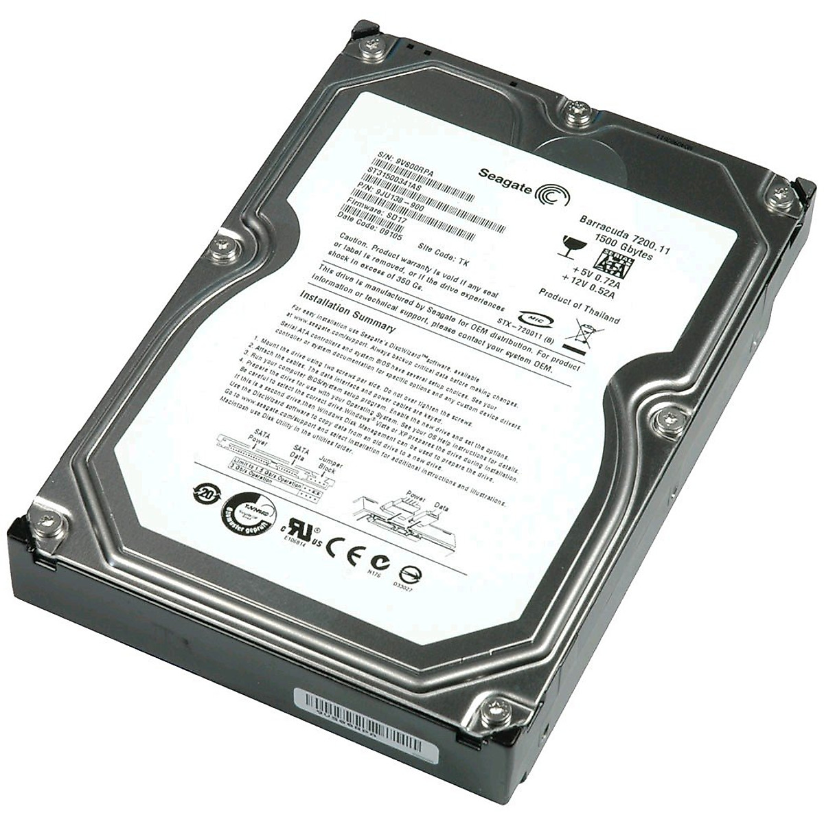 Seagate Barracuda 7200 1.5 TB 7200RPM SATA 3Gb/s 32MB Cache 3.5 Inch Internal Hard Drive ST31500341AS-Bare Drive