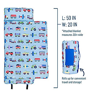 Wildkin Original Nap Mat with Reusable Pillow for Boys & Girls, Perfect for Elementary Daycare Sleepovers, Features Hook & Loop Fastener, Cotton Blend Materials Nap Mat (Trains, Planes, and Trucks)