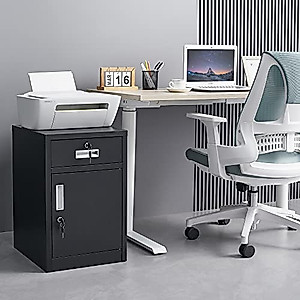 File Cabinet With Lock, Under Desk Locking Bookcase, Metal Filing for Home Office, Printer Stand (Black)