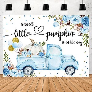 Aperturee Little Pumpkin Baby Shower Backdrop 7x5ft A Little Sweet Pumpkin is On The Way Blue Floral Truck Balloons It's a Boy Photography Background Fall Autumn Party Decorations Banner Photo Booth