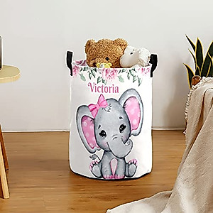 Adorable Elephant Girl Large Storage Basket Personalized Laundry Hamper with Name Bathroom Home Decor Collapsible Round Storage Bin Boxes Clothing for Gift, 19.69''(height) x 14.17''(diameter)
