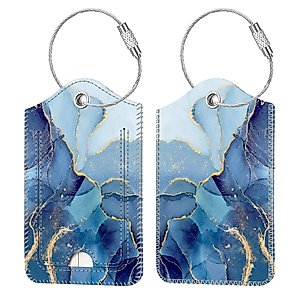 Fintie Luggage Tags, Privacy Cover ID Label with Stainless Steel Loop and Address Card for Travel Bag Suitcase - Ocean Marble (2 Piece)