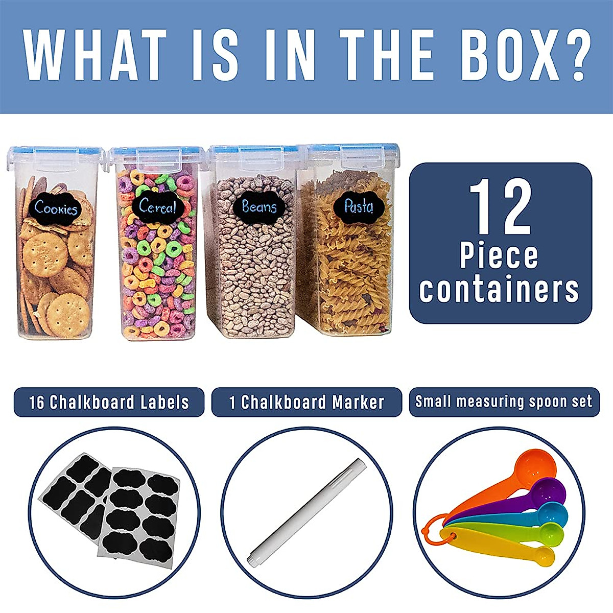 SPARK LIGHTING - Clear Storage Canister Set with Airtight Lids Kitchen & Pantry Organization Containers of Dry Foods Including Flour, Sugar, Cereal, Rice (12 Piece Set, Blue Lids)