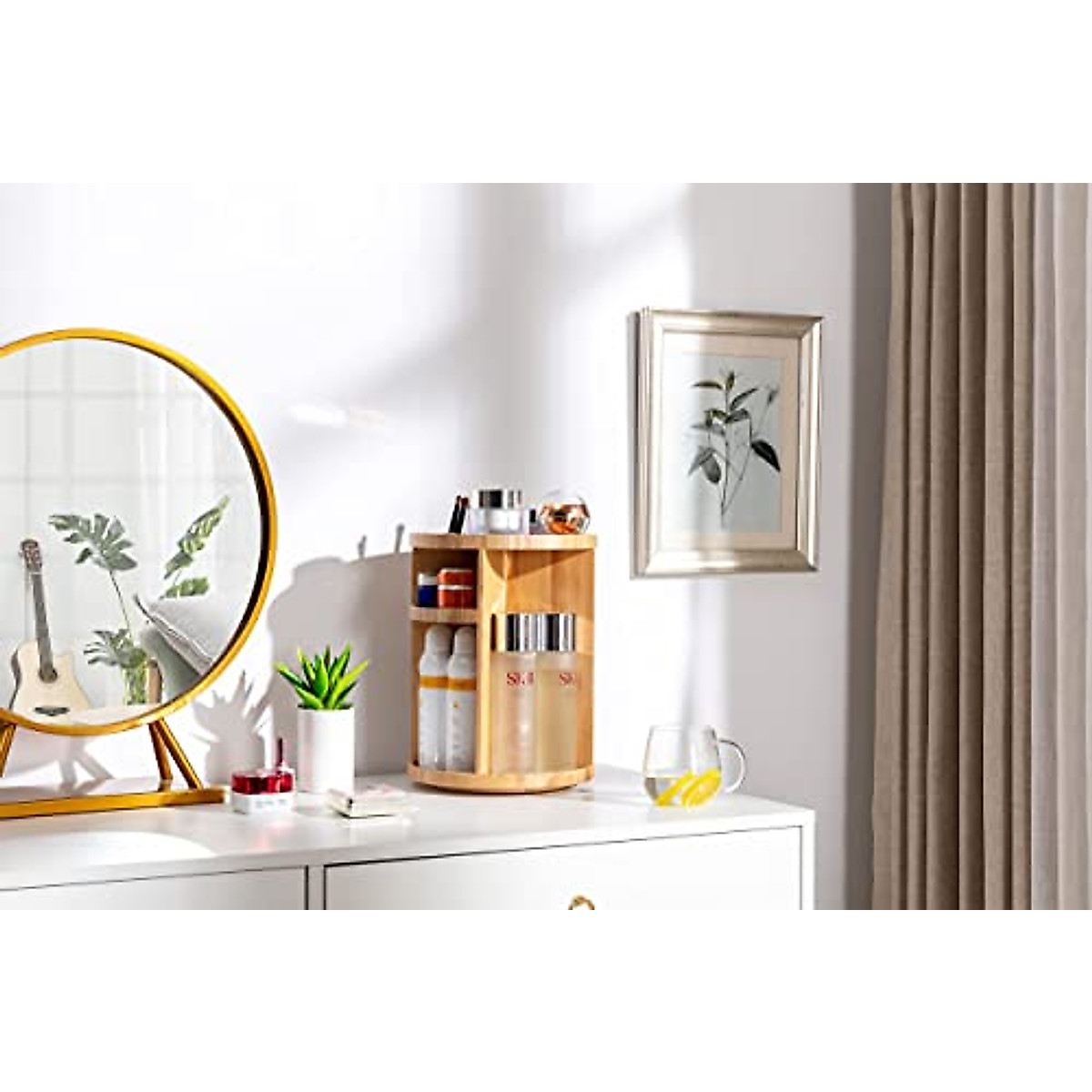 AJIAAIONE 360° Bamboo Makeup Organizer, Cosmetics Organizer，Multi-Function Storage Carousel for Makeup, Toiletries, and More — Great for Vanity, Desk, Bathroom, Bedroom, Closet, Kitchen