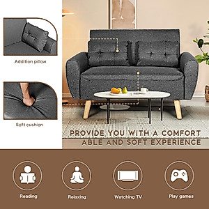 Oakmont 44" Small Modern Linen Fabric Loveseat Sofa, Comfortable and Stylish Love Seat with 2 Pillows and Thick Cushion, Durable Wood Leg Couch for Small Space, Living Room, Bedroom, Apartment (Grey)