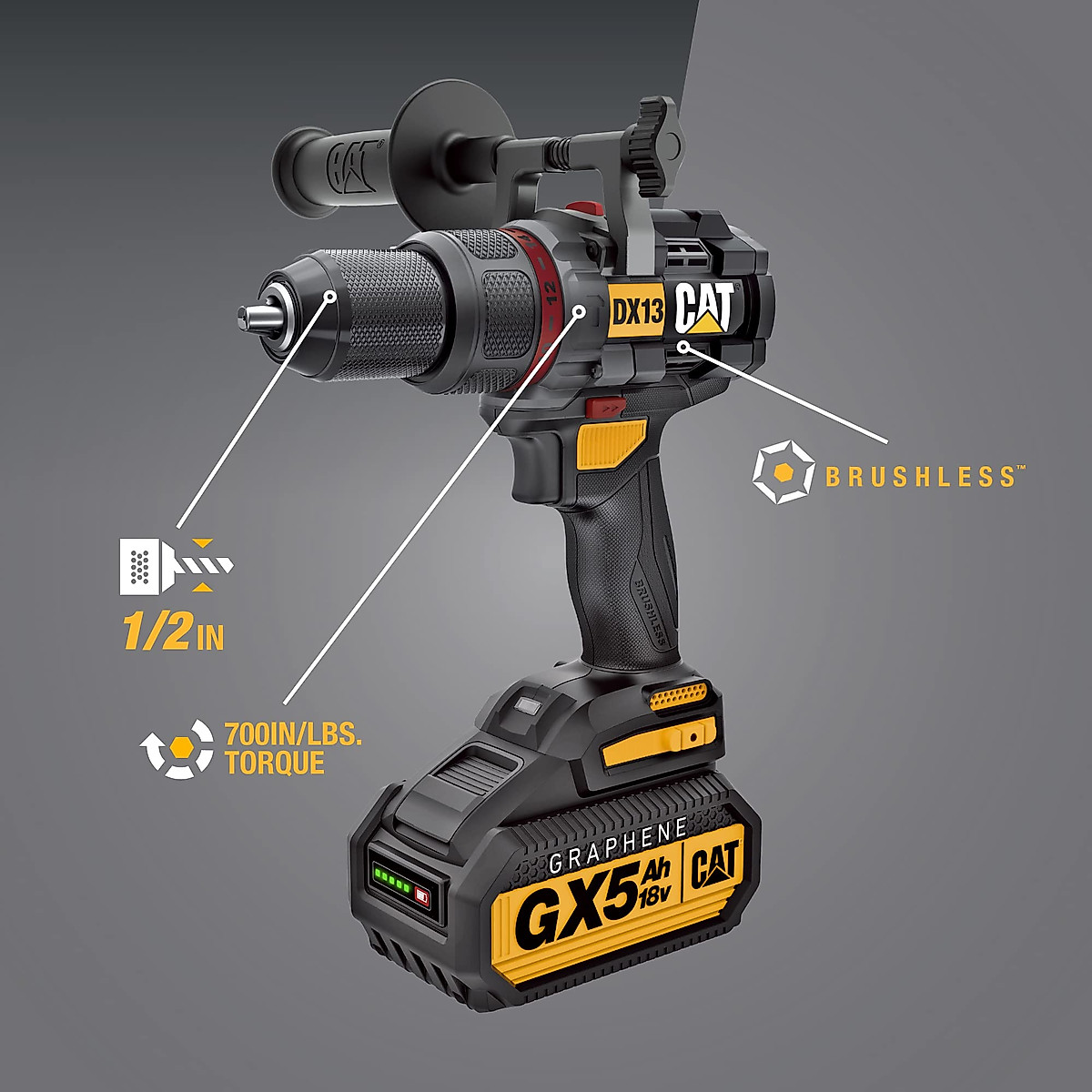 Cat® 18V 1 FOR ALL ½” Cordless Hammer Drill with Brushless Motor and Graphene Battery - DX13
