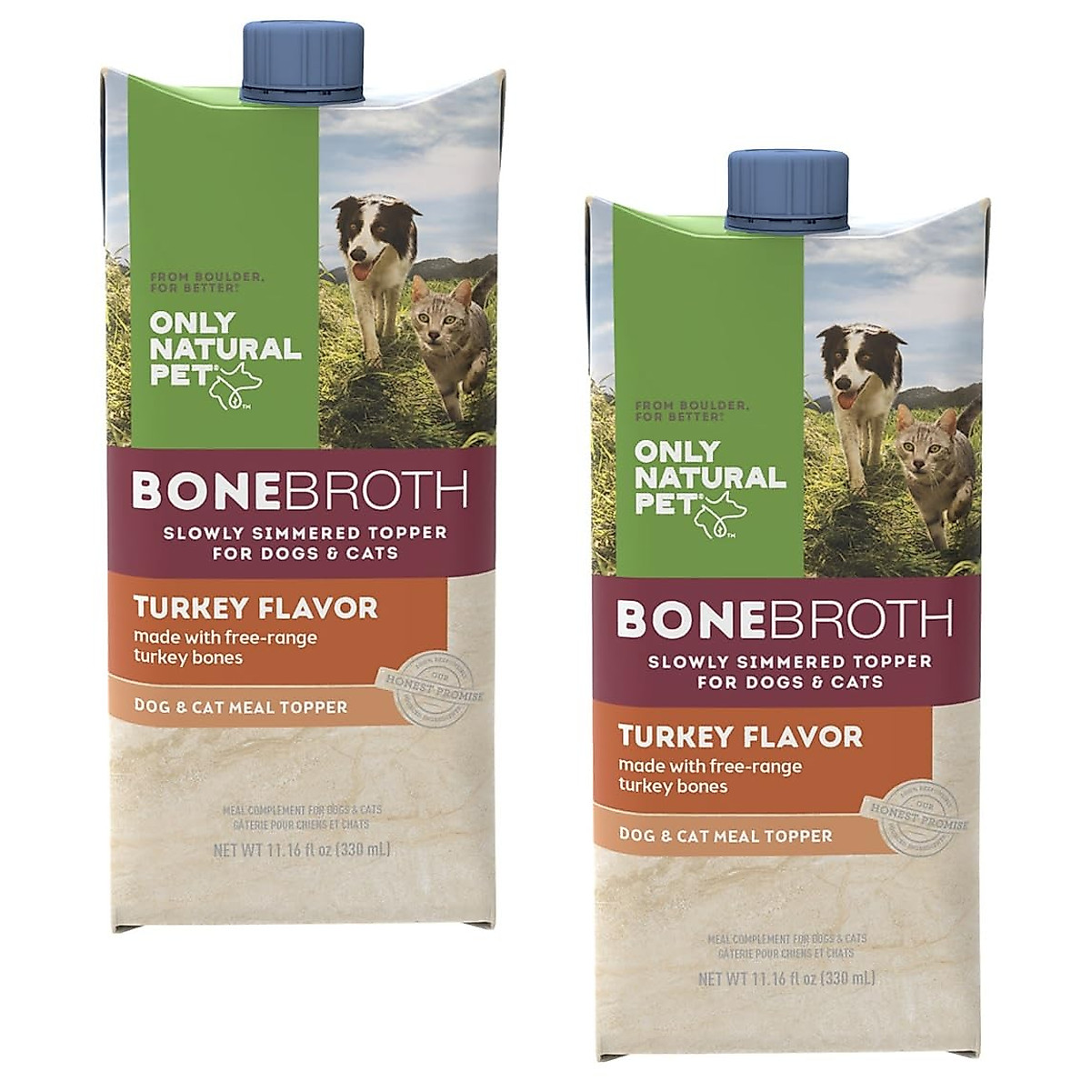 Only Natural Pet Bone Broth Turkey Flavor Dog & Cat Meal Topper, 100% Human-Grade Slow-Simmered, Free-Range for Dry Food or to Hydrate Dehydrated Food - (2-Pack / 11.16 oz Each)