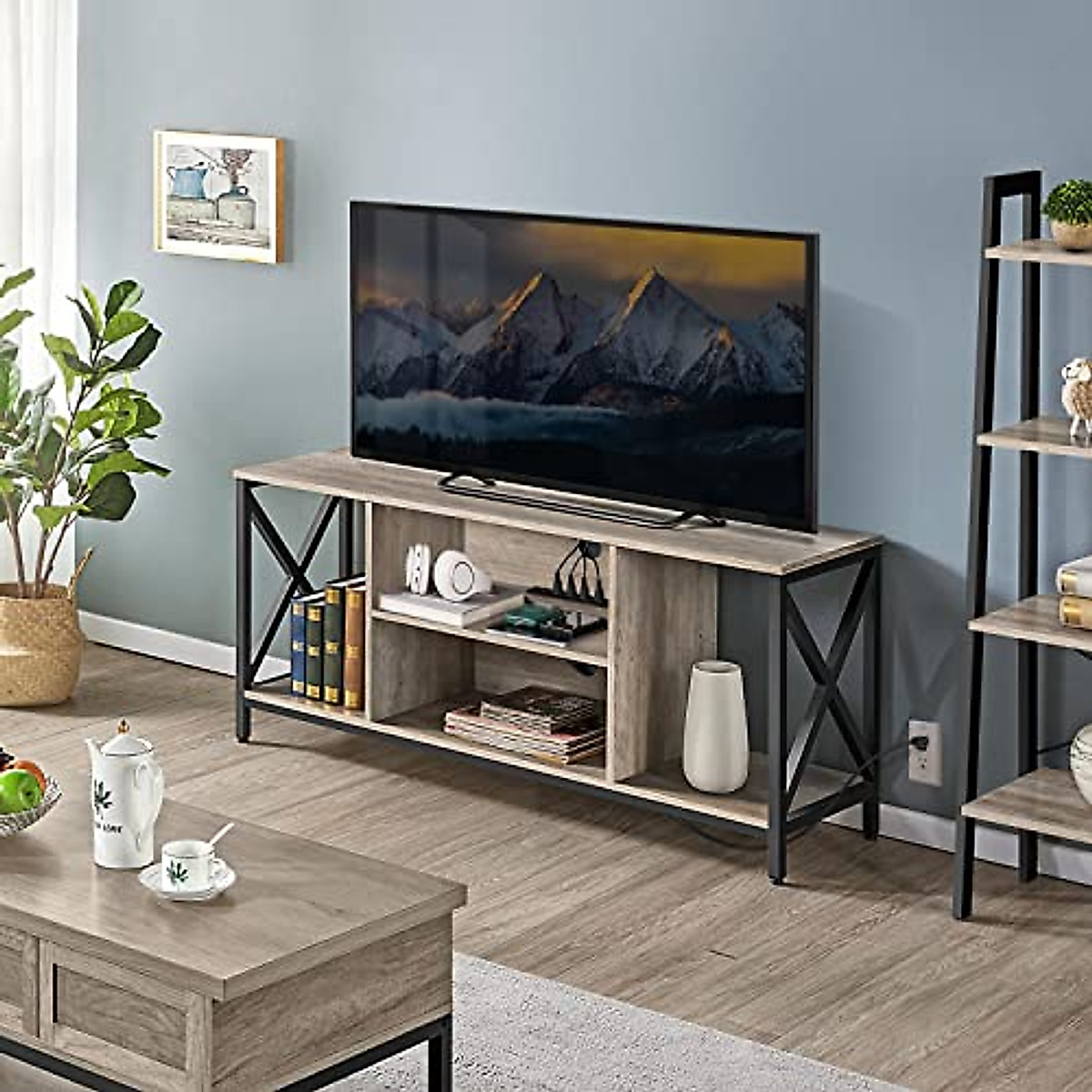 Yaheetech TV Stand for 65 Inch TV, Industrial Entertainment Center TV Console with Power Outlets, Modern TV Cabinet with Open Storage Shelves for Living Room, Gray