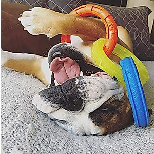 Nerf Dog Rubber 3-Ring Tug Dog Toy, Lightweight, Durable and Water Resistant, 10.5 Inches, for Medium/Large Breeds, Single Unit, Blue/Green/Orange