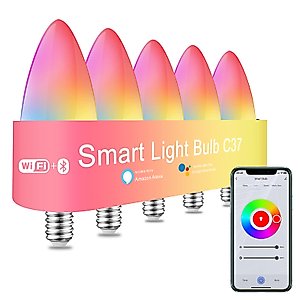 Smart Light Bulbs E12 RGB+CCT Led WiFi+Bluetooth Smart Bulbs 300lm 40W Equivalent Multicolor and Dimmable, Halloween light bulbs Work with Alexa Google Smart Things WiFi(2.4GHz) No Hub Required 5Pack