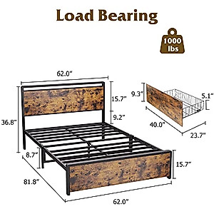 coucheta Queen Size Bed Frame with 4 Storage Drawer,Wood and Metal Bed Frame, No Box Spring Needed, Noise Free