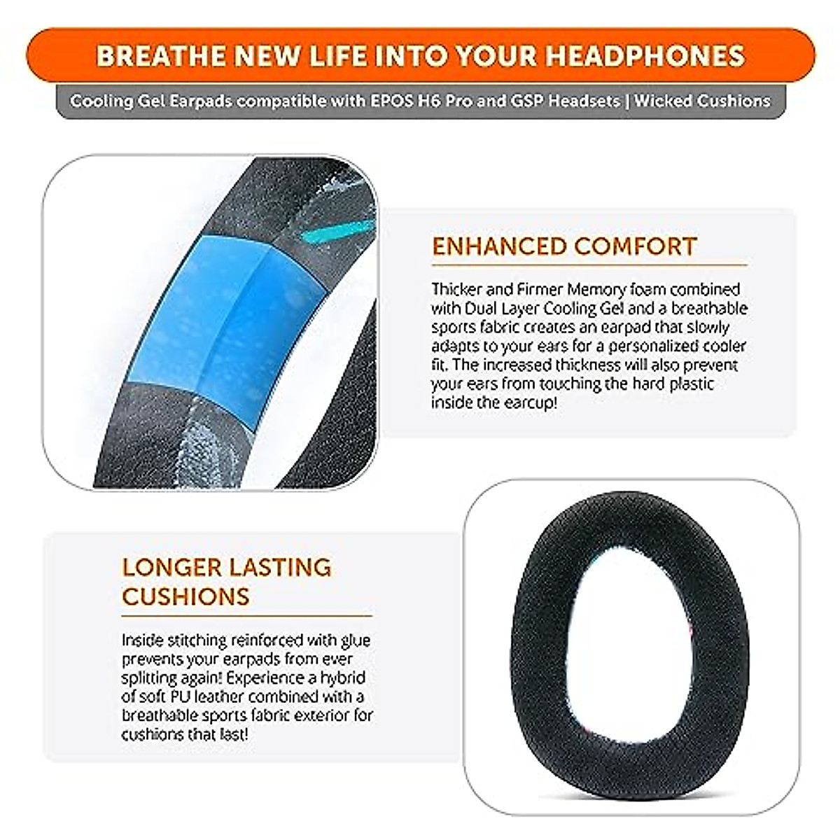 WC Freeze EPOS H6 Pro - Cooling Gel Earpads for EPOS H6 Pro/Sennheiser GSP 600 / GSP500 / GSP550 / GSP670, Made by Wicked Cushions - Enhance Comfort, Durability, Thickness | 90's Black