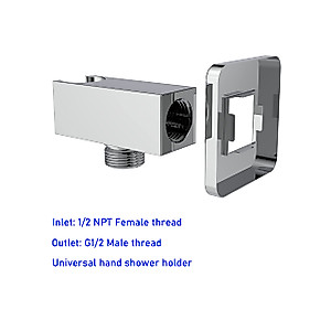 Aquaiaw Wall Supply Elbow with Flange. All Aquaiaw Water Supply Elbows are Without Nipples. Tapered 1/2 NPT Female Inlet, Brass Wall Union with Handshower Holder, Square, Polished Chrome, G1/2 Outlet